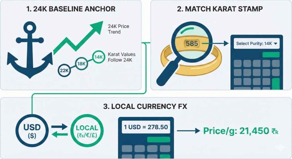 Gold Price Per Gram Calculator – Live 14K, 18K, 24K Values